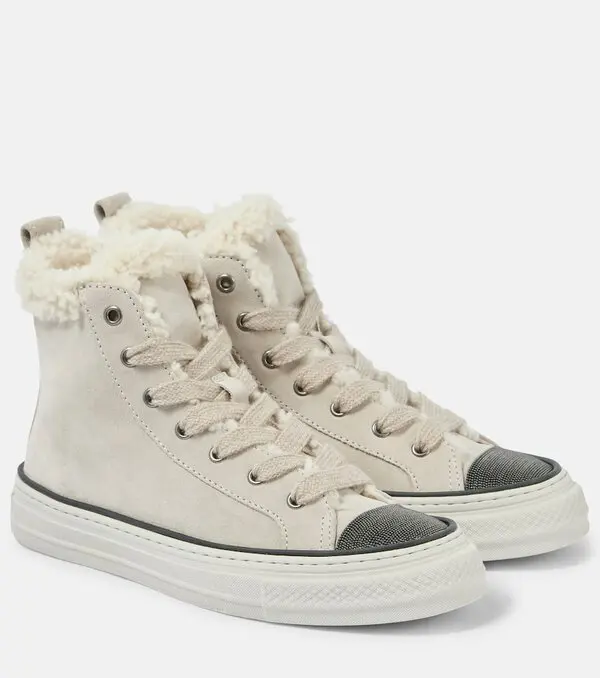 Brunello Cucinelli Monili Shearling-trimmed High-top Sneakers - Beige