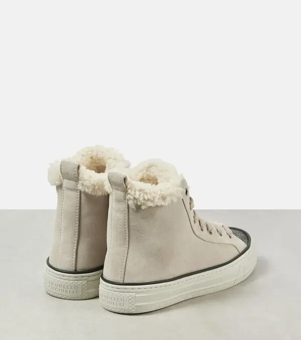 Brunello Cucinelli Monili Shearling-trimmed High-top Sneakers - Beige