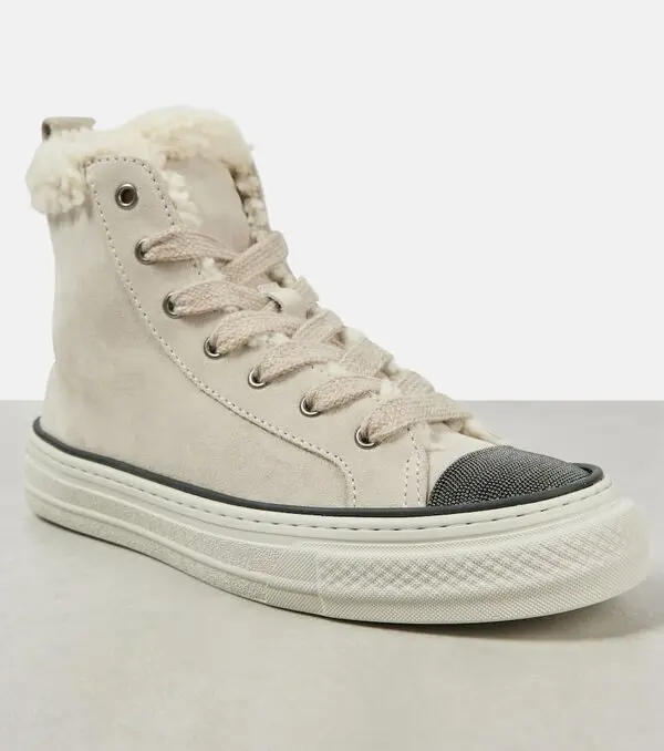Brunello Cucinelli Monili Shearling-trimmed High-top Sneakers - Beige