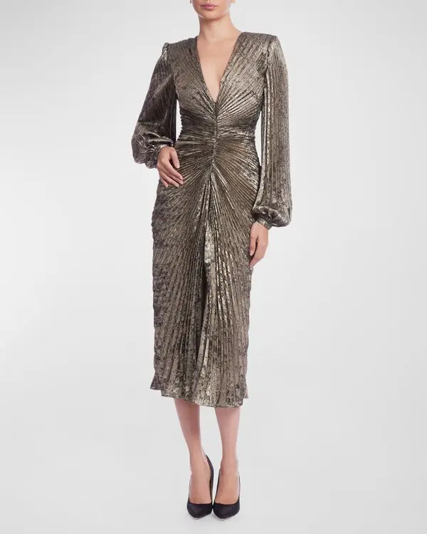 Badgley Mischka Pleated Metallic Midi Dress In Pewter - 51% Off |  Editorialist