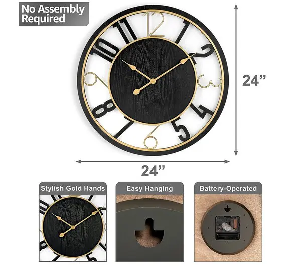 SORBUS 24' Wooden Wall Clock, Battery Operated
