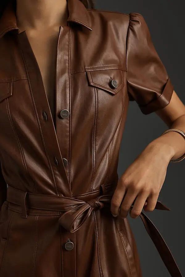 paige amina faux-leather short-sleeve button-front mini dress PAIGE Women's Amina Dress, Landslide, XS at Amazon Women's Clothing store