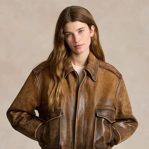Ralph Lauren Burnished Leather Bomber Jacket Autumn Brown