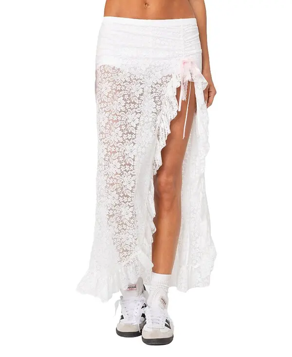 EDIKTED Ruffled Sheer Lace Maxi Skort - White