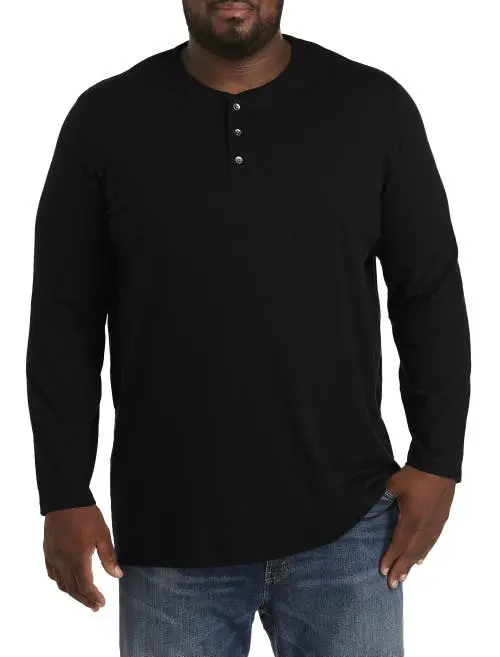 HARBOR BAY BY DXL Big & Tall Wicking Long-sleeve Henley Shirt - Black