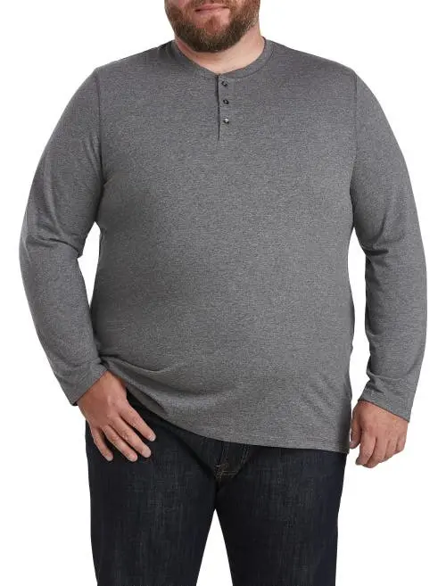 HARBOR BAY BY DXL Big & Tall Wicking Long-sleeve Henley Shirt - Granite Heather