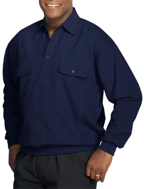 HARBOR BAY BY DXL Big & Tall Long-sleeve Mesh Panel Banded-hem Shirt - Navy