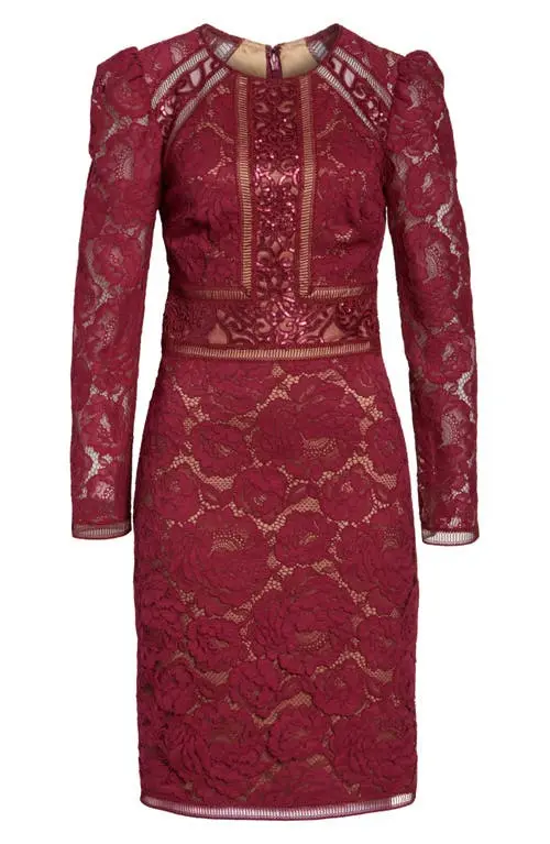 Tadashi Shoji Rose Lace Sheath Dress - Wine/ Nude | Editorialist