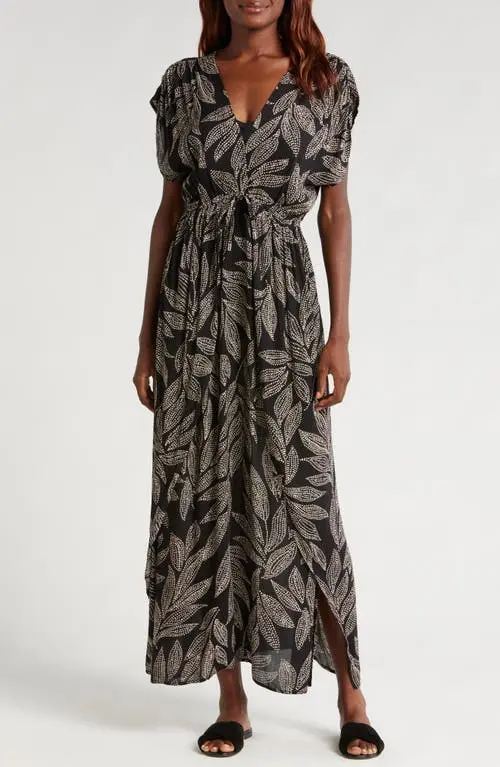 Elan Wrap Maxi Cover-up Dress - Black Catagena Print