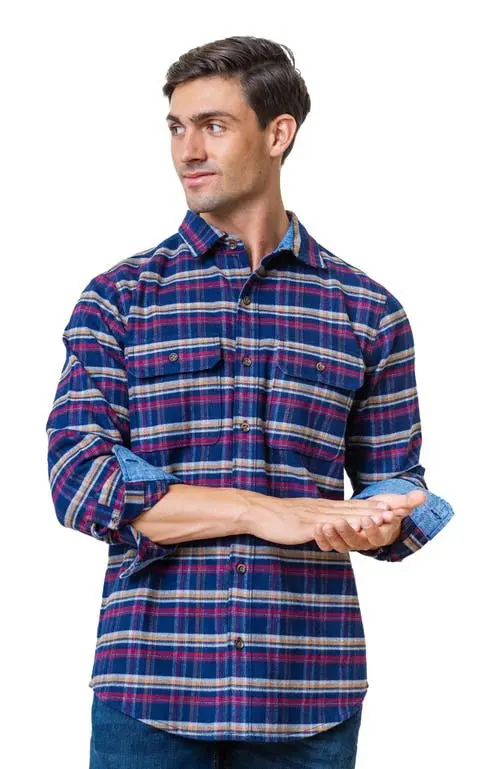 HOPE & HENRY Organic Flannel Double Pocket Shirt - Navy Autumn Plaid