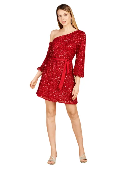 LARA NEW YORK Beaded One Shoulder Midi Dress - Red