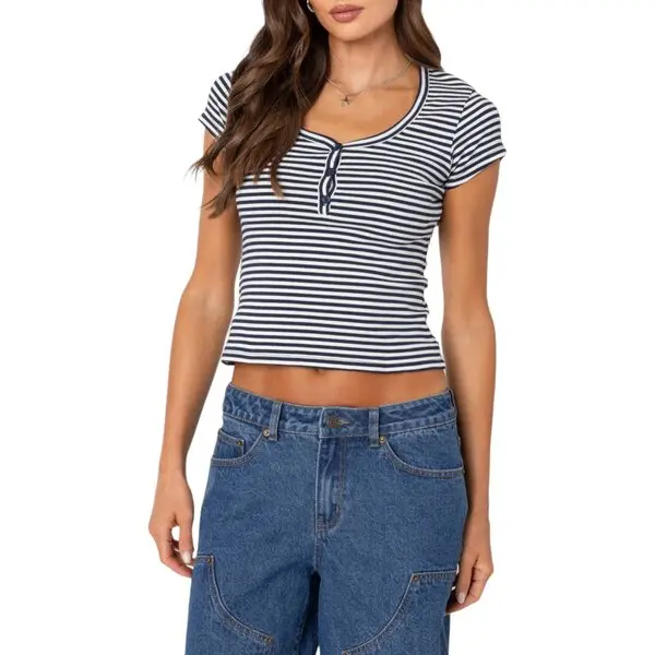 EDIKTED Kady Stripe Henley Top - Navy