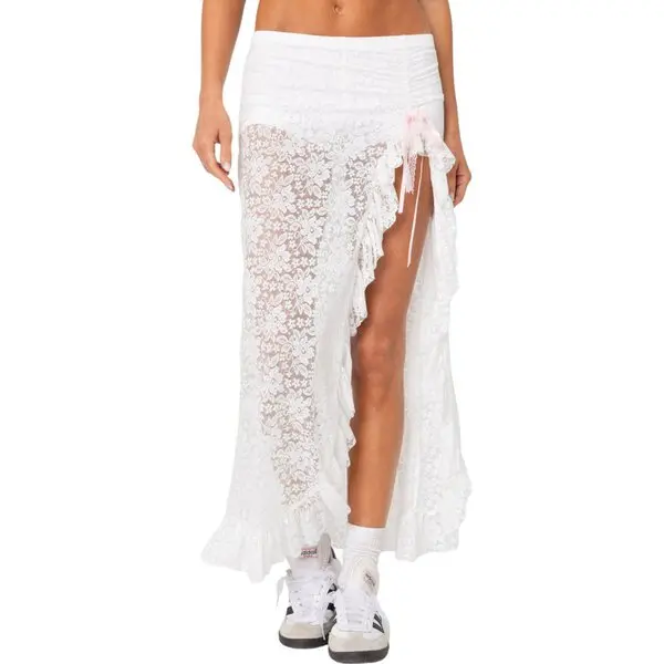 EDIKTED Ruffle Sheer Lace Maxi Skort - White