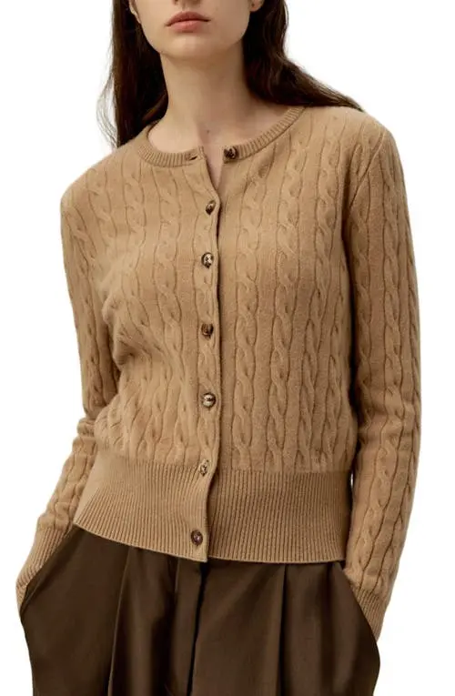 Lilysilk Baby Cashmere Cable-knit Crew Neck Cardigan - Camel