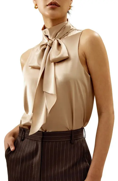 Lilysilk Sleeveless Silk Blouse With Tie Neck - Light Camel