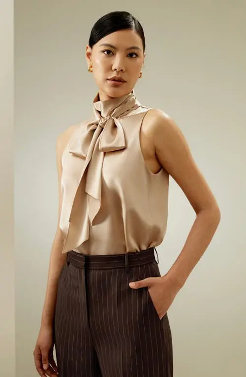 Lilysilk Sleeveless Silk Blouse With Tie Neck - Light Camel