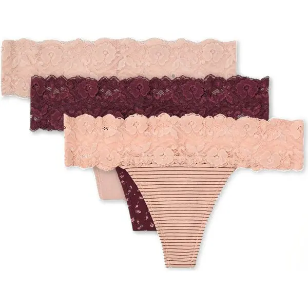 PACT Organic Cotton Lace Waist Thong 3-pack - Pink & Rosy
