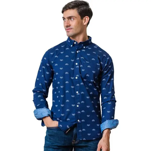 HOPE & HENRY Organic Stretch Poplin Shirt - Navy Bicycle Print