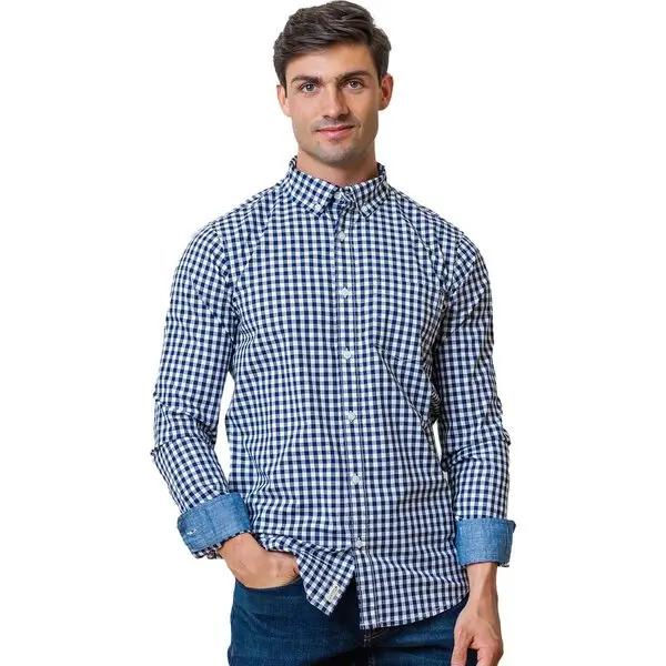 HOPE & HENRY Organic Stretch Poplin Shirt - Navy Gingham