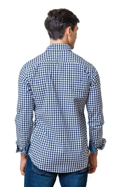 HOPE & HENRY Organic Stretch Poplin Shirt - Navy Gingham