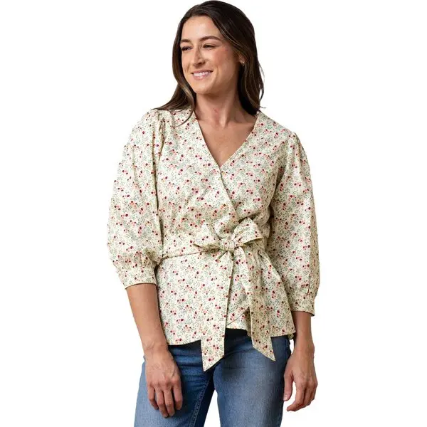 HOPE & HENRY Organic Puff Sleeve Wrap Top - Ivory Meadow Floral