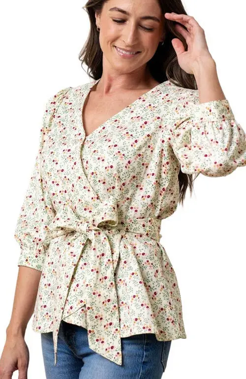 HOPE & HENRY Organic Puff Sleeve Wrap Top - Ivory Meadow Floral