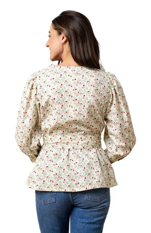 HOPE & HENRY Organic Puff Sleeve Wrap Top - Ivory Meadow Floral