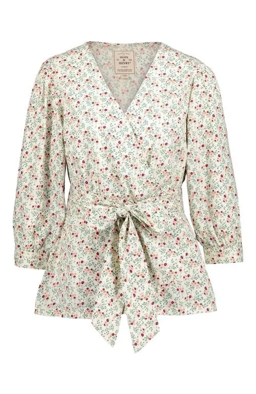 HOPE & HENRY Organic Puff Sleeve Wrap Top - Ivory Meadow Floral