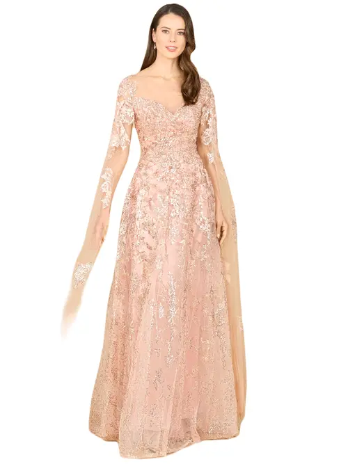 LARA NEW YORK Lace Gown With Cape Sleeves - Blush