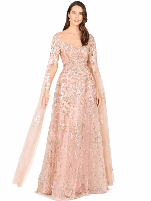 LARA NEW YORK Lace Gown With Cape Sleeves - Blush