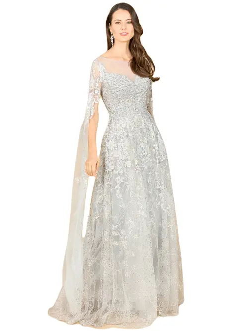 LARA NEW YORK Lace Gown With Cape Sleeves - Mist