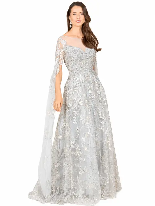 LARA NEW YORK Lace Gown With Cape Sleeves - Mist