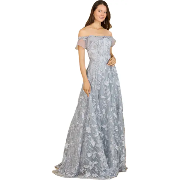 LARA NEW YORK Flutter Off-shoulder Lace Gown - Grey