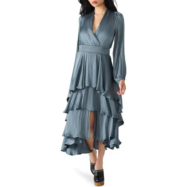 Steve Madden Bei Long Sleeve Tiered Midi Dress - Cloud Grey