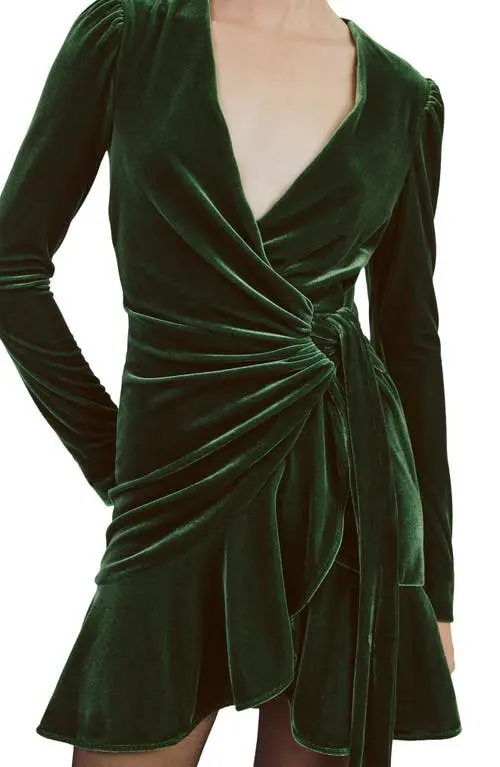 Bardot Keala Long Sleeve Velvet Mini Dress In Green - 75% Off | Editorialist