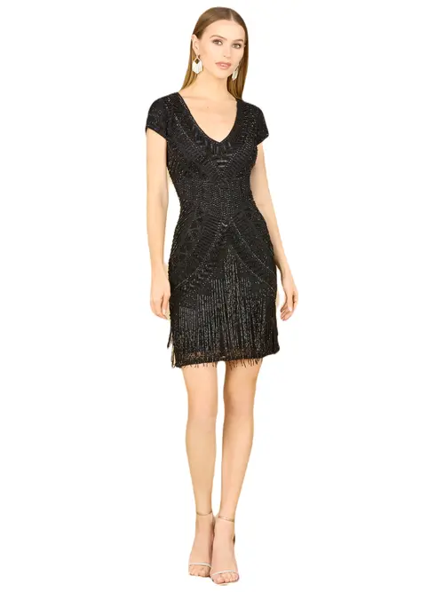 LARA NEW YORK Beaded Mini Dress With Fringe And Open Back - Black