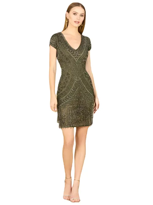 LARA NEW YORK Brooklyn Beaded Short Dress - Olive