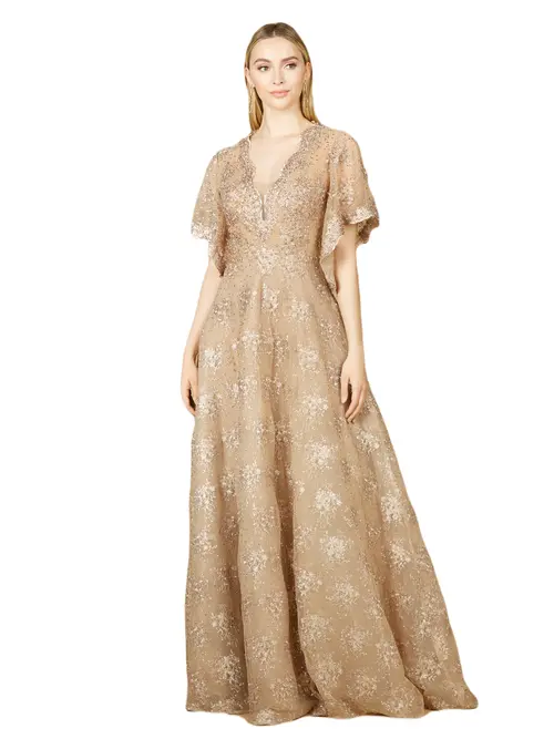 LARA NEW YORK Cape Sleeve V-neck Gown - Stone