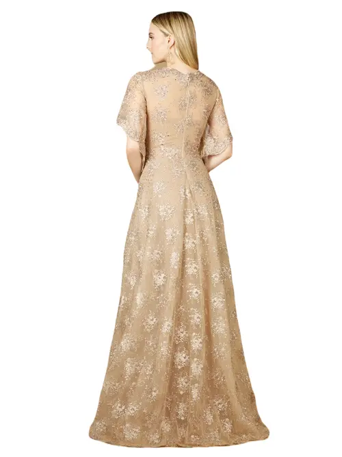 LARA NEW YORK Cape Sleeve V-neck Gown - Stone
