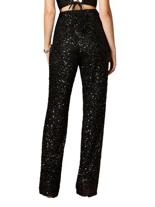 LARA NEW YORK Beaded Wide Leg Pants - Black