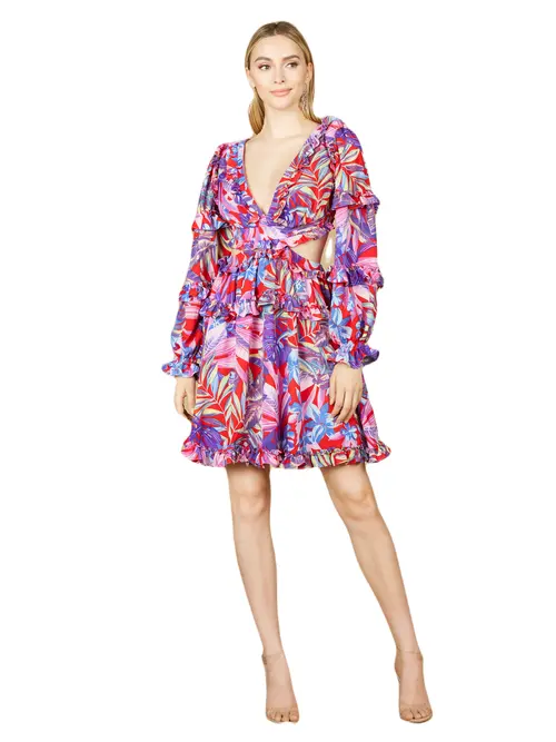 LARA NEW YORK Print Short Dress With Lace-up Back - Red