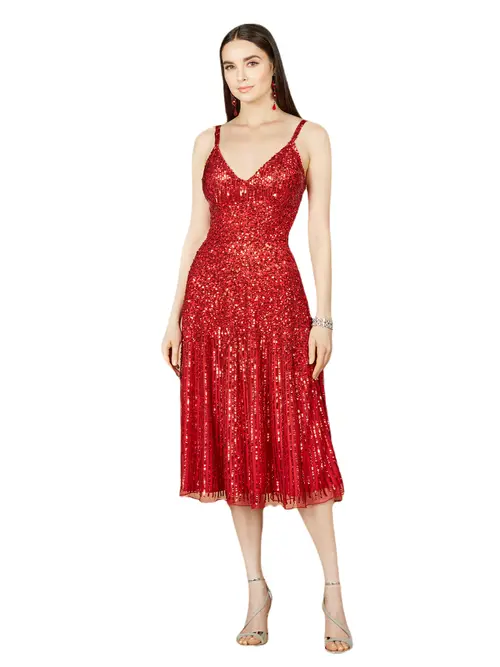 LARA NEW YORK Beaded V-neckline Sheath Gown - Red