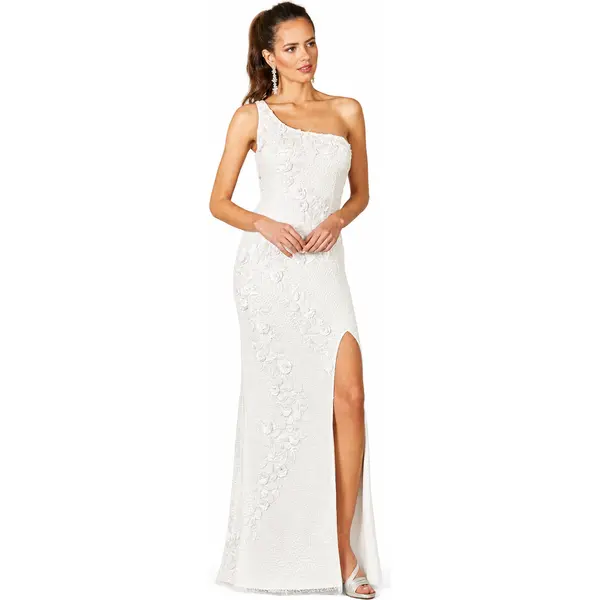 LARA NEW YORK Fleur One Shoulder Floral Beaded Wedding Gown - Ivory