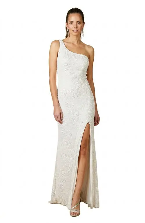 LARA NEW YORK Fleur One Shoulder Floral Beaded Wedding Gown - Ivory