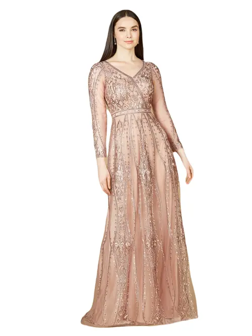 LARA NEW YORK Long Sleeve Beaded Gown