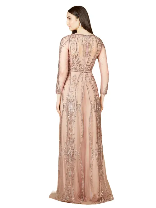LARA NEW YORK Long Sleeve Beaded Gown