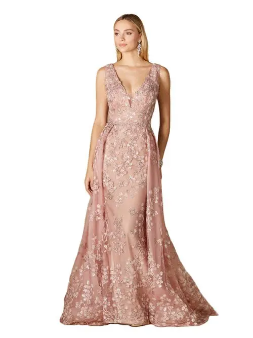 LARA NEW YORK Floral Applique Overskirt Gown - Blush