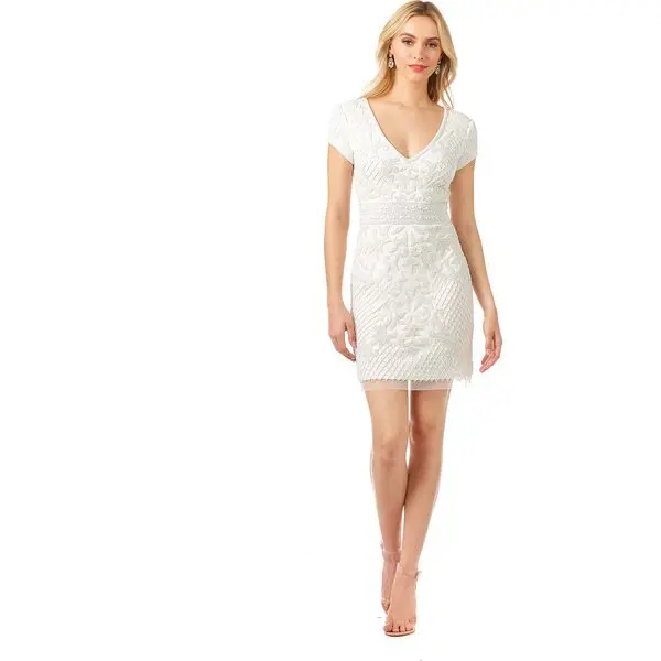 LARA NEW YORK Embellished Cap Sleeve V-neck Sheath Mini Dress - Ivory