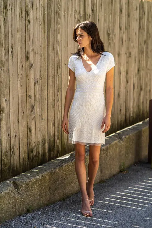 LARA NEW YORK Embellished Cap Sleeve V-neck Sheath Mini Dress - Ivory
