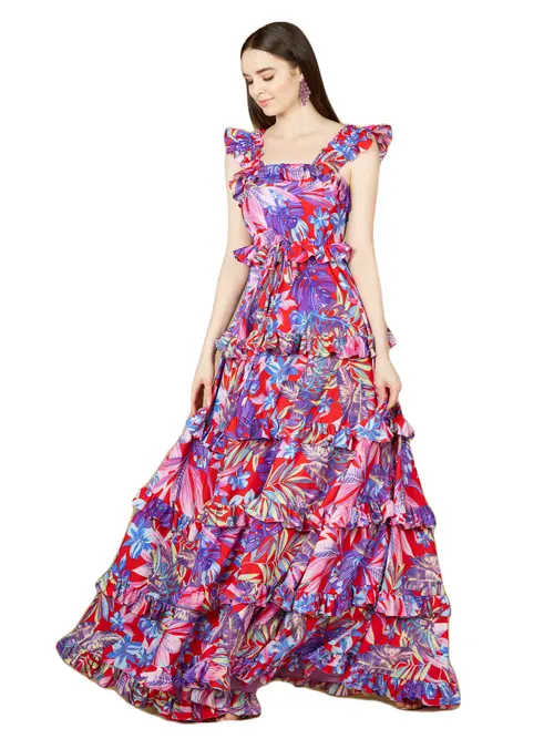 LARA NEW YORK Printed Ruffle Gown - Red